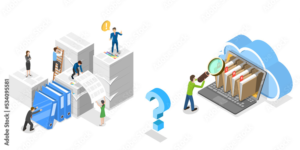 3D Isometric Flat Conceptual Illustration of Paper VS Digital Documents ...