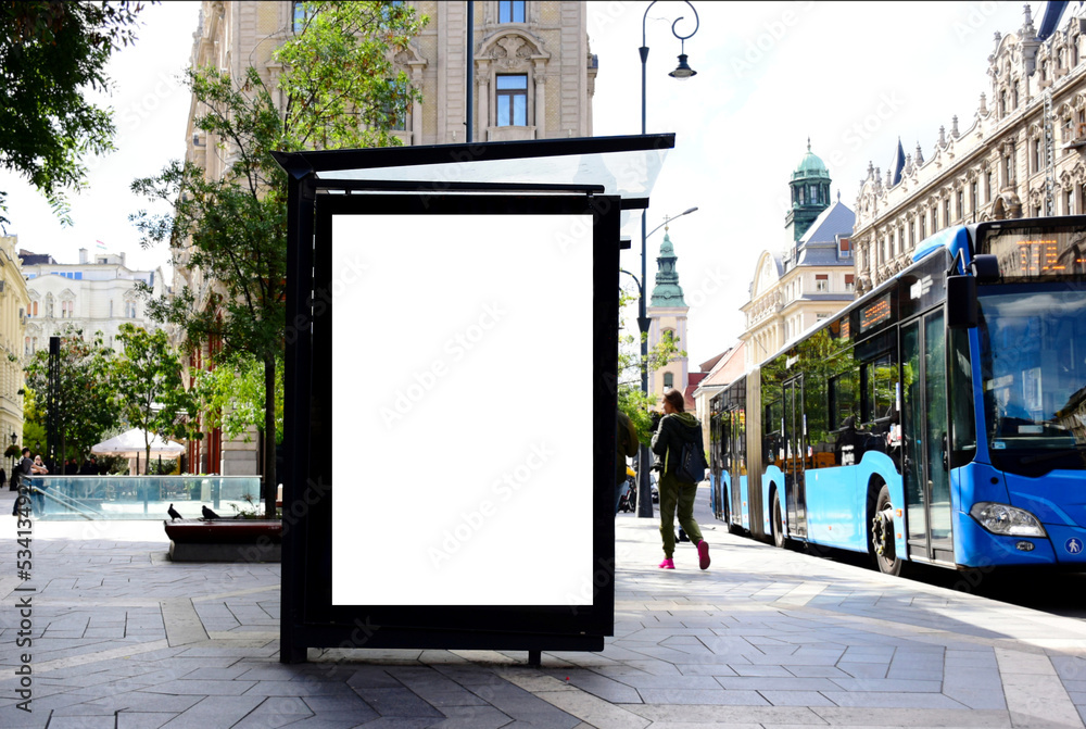 blank poster sign panel bus shelter. billboard mockup display. white ...