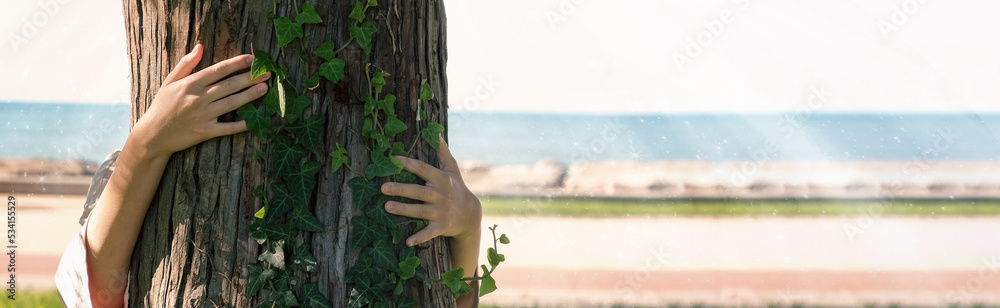 woman love nature hugging a pine tree, no deforestation concept and ...