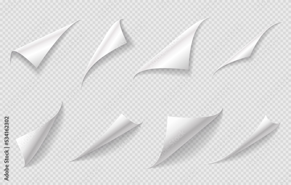 Curly paper page corners, sheet curls and turn folds or sticker flips ...