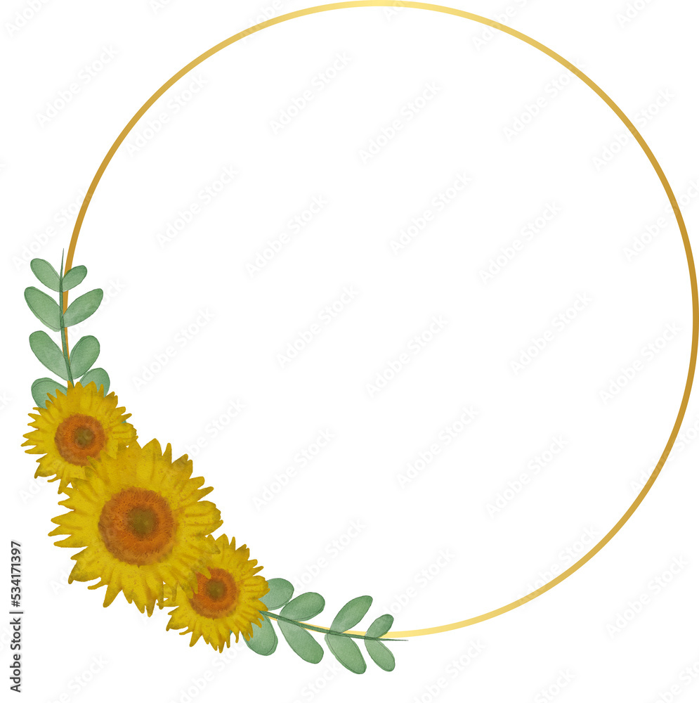Circle Gold Frame with Sunflower and Leaf Stock Illustration | Adobe Stock