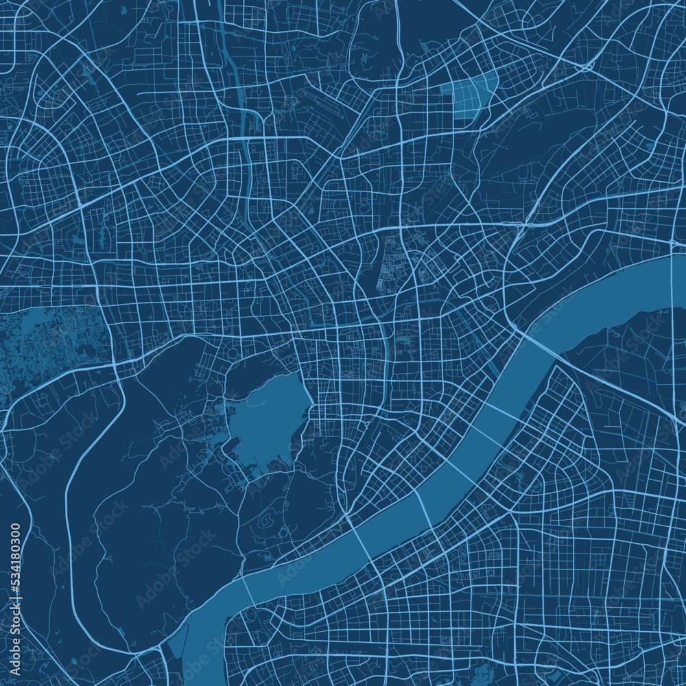 Detailed vector map poster of Hangzhou city, linear print map. Blue ...