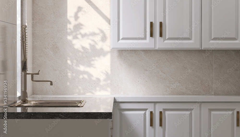 Stainless kitchen sink on modern and luxury black marble countertop and ...