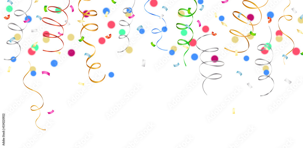 Shiny colorful border with falling confetti and streamers isolated on transparent background ...