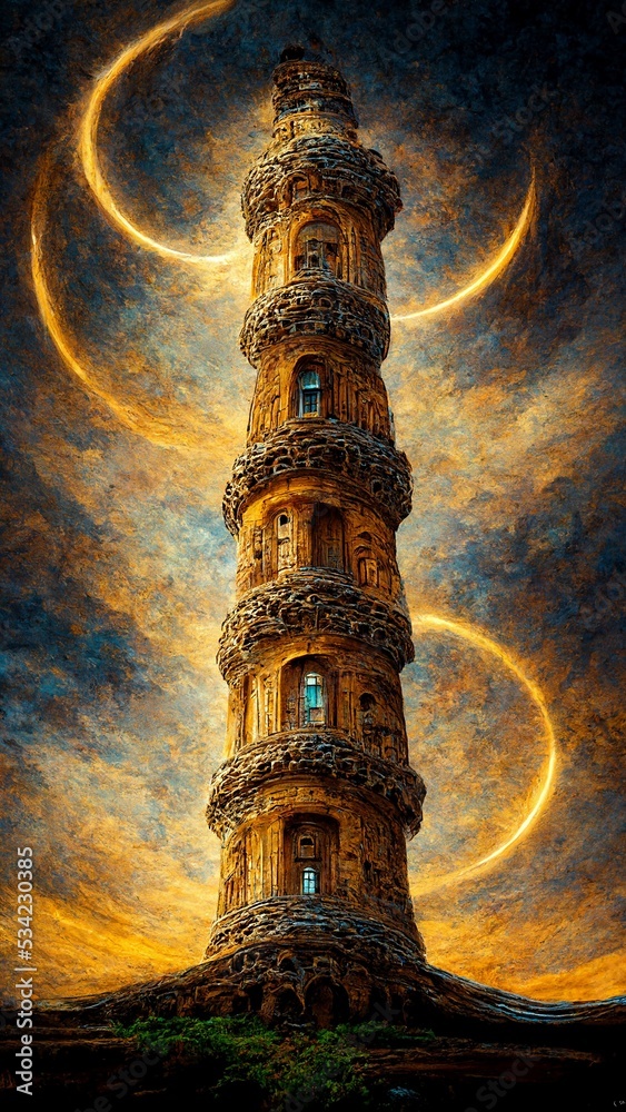 Giant old mystical tower, babel tower inspiration with light, energy ...