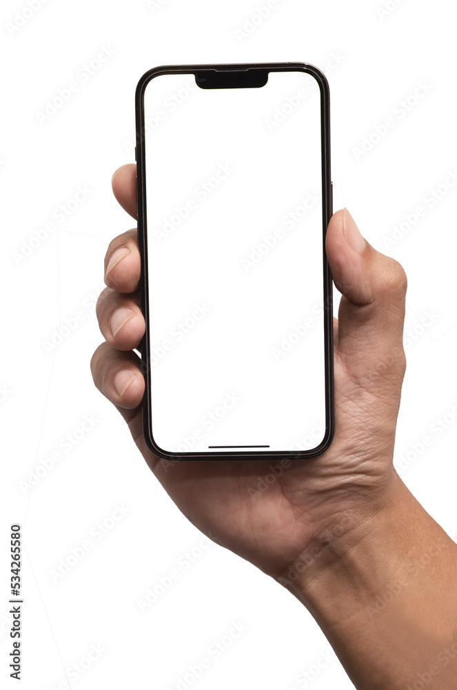 Hand holding iphone 14 with smartphone blank screen and modern ...