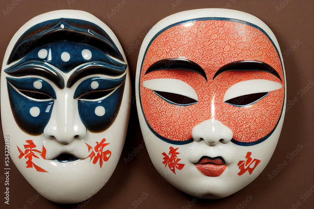 Painted traditional japanese kabuki theater mask made of ceramic, wood ...