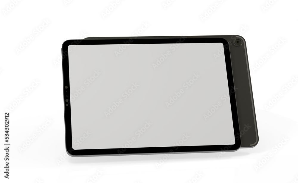 Blank screen realistic tablet frame, rotated position, side view, top ...