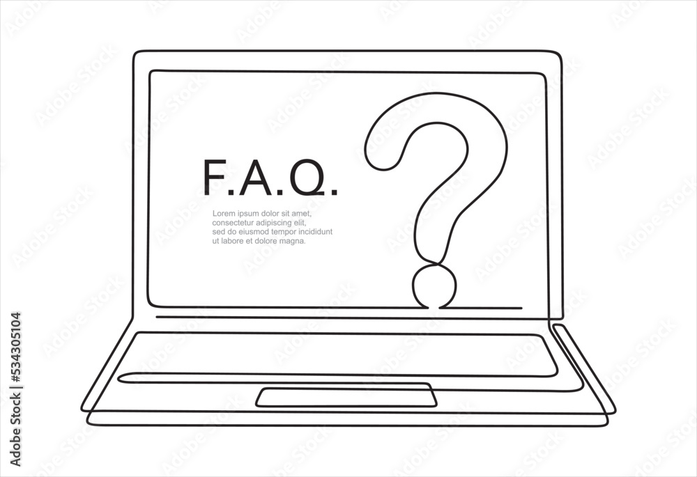 continuous line drawing of Question mark, FAQ on screen laptop, vector ...