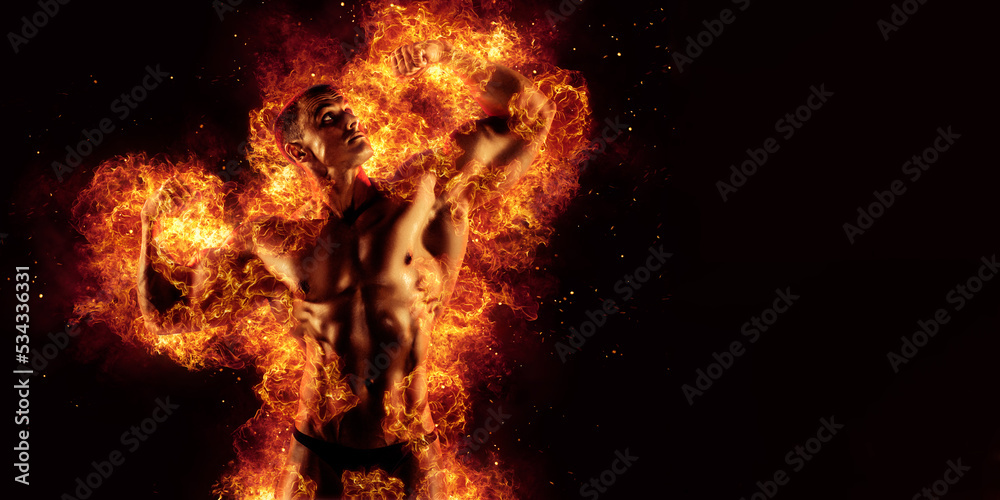 Bodybuilder posing on the fire flames background Stock Photo | Adobe Stock