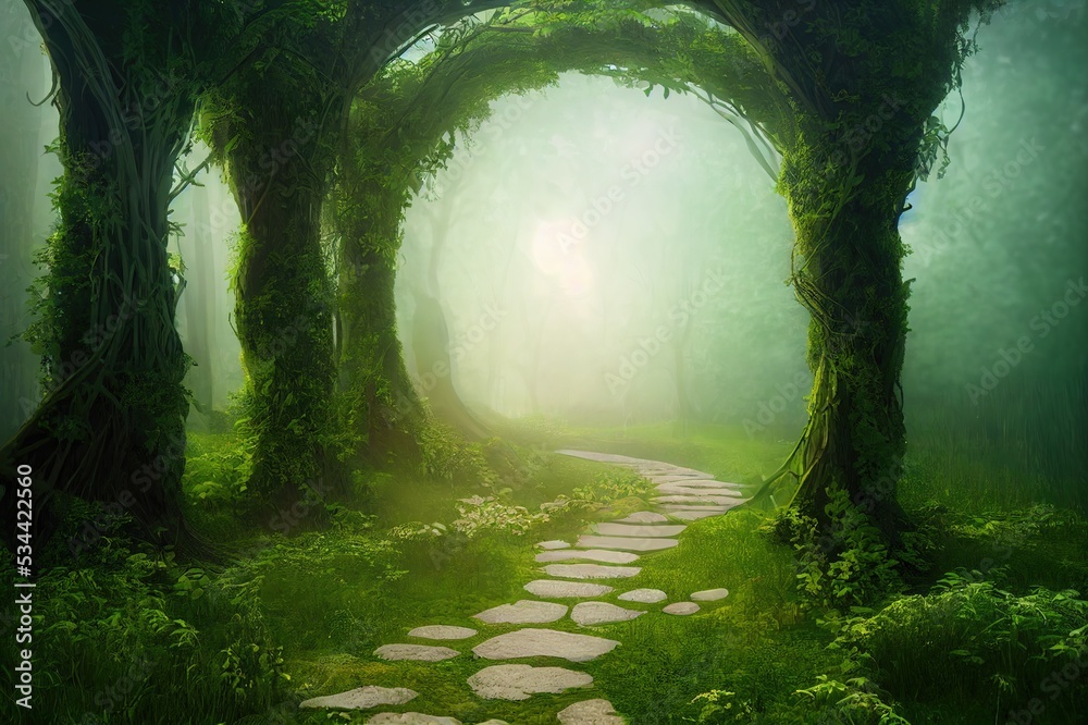 Spectacular archway covered with vine in the middle of fantasy fairy tale forest landscape ...
