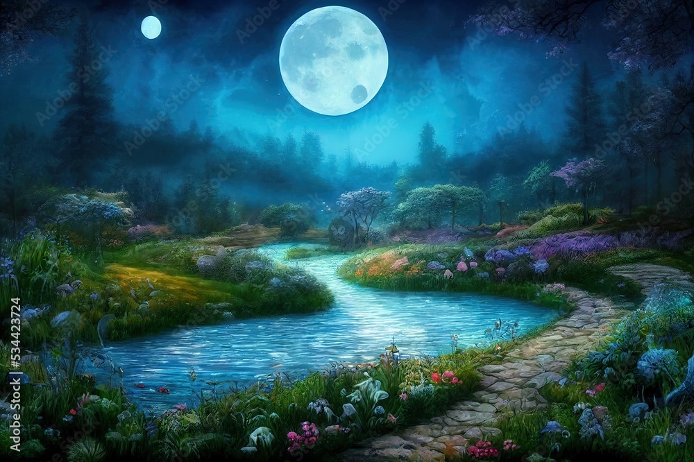 Fantasy magical enchanted fairy tale landscape with forest lake, fabulous fairytale garden ...