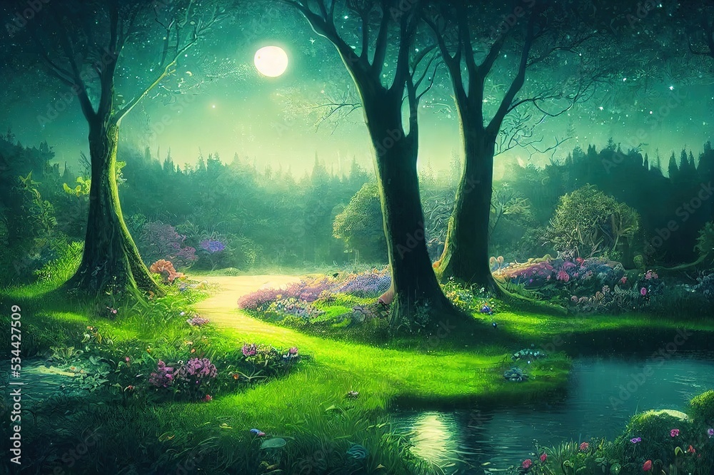 Fantasy magical enchanted fairy tale landscape with forest lake, fabulous fairytale garden ...