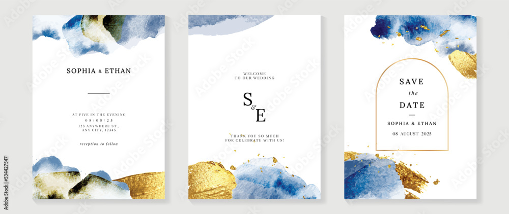 Luxury wedding invitation card template. Watercolor card with blue ...