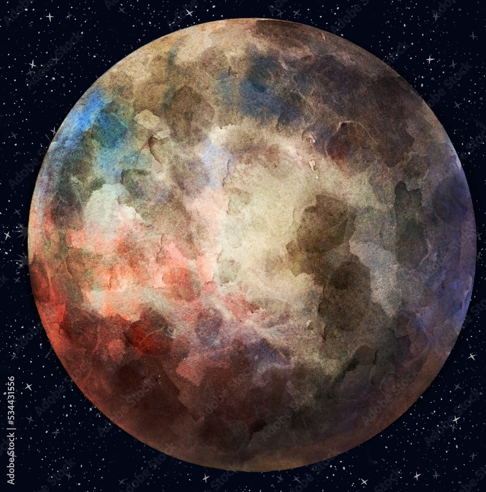 Planet Pluto. Watercolor drawing of solar system on a starry background ...