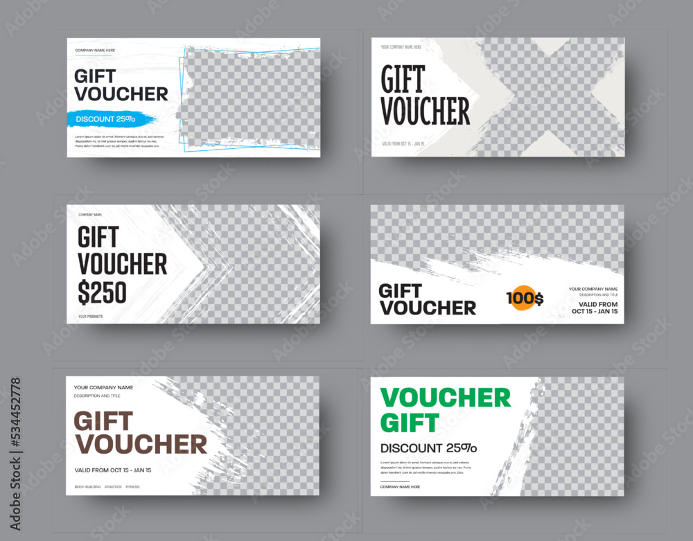 Vector white gift voucher templates with grunge elements and place for ...