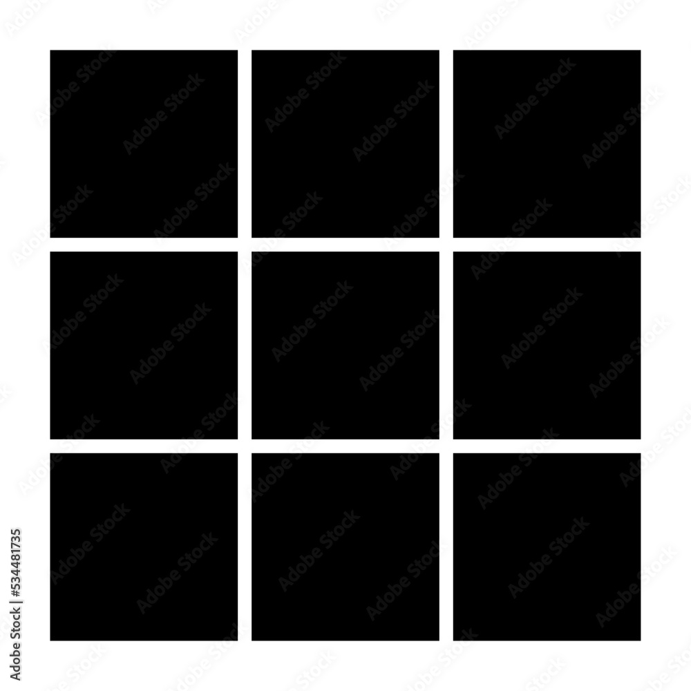 Black fill, no stroke. Square divided in nine parts, into ninths. 3x3 ...