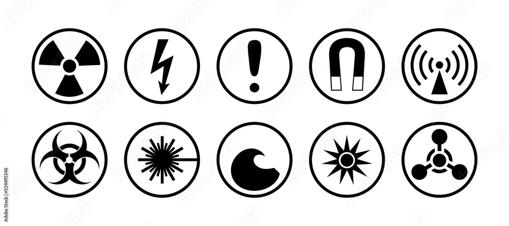 Danger signs and symbols set. Round pictogram, icons for radiation ...