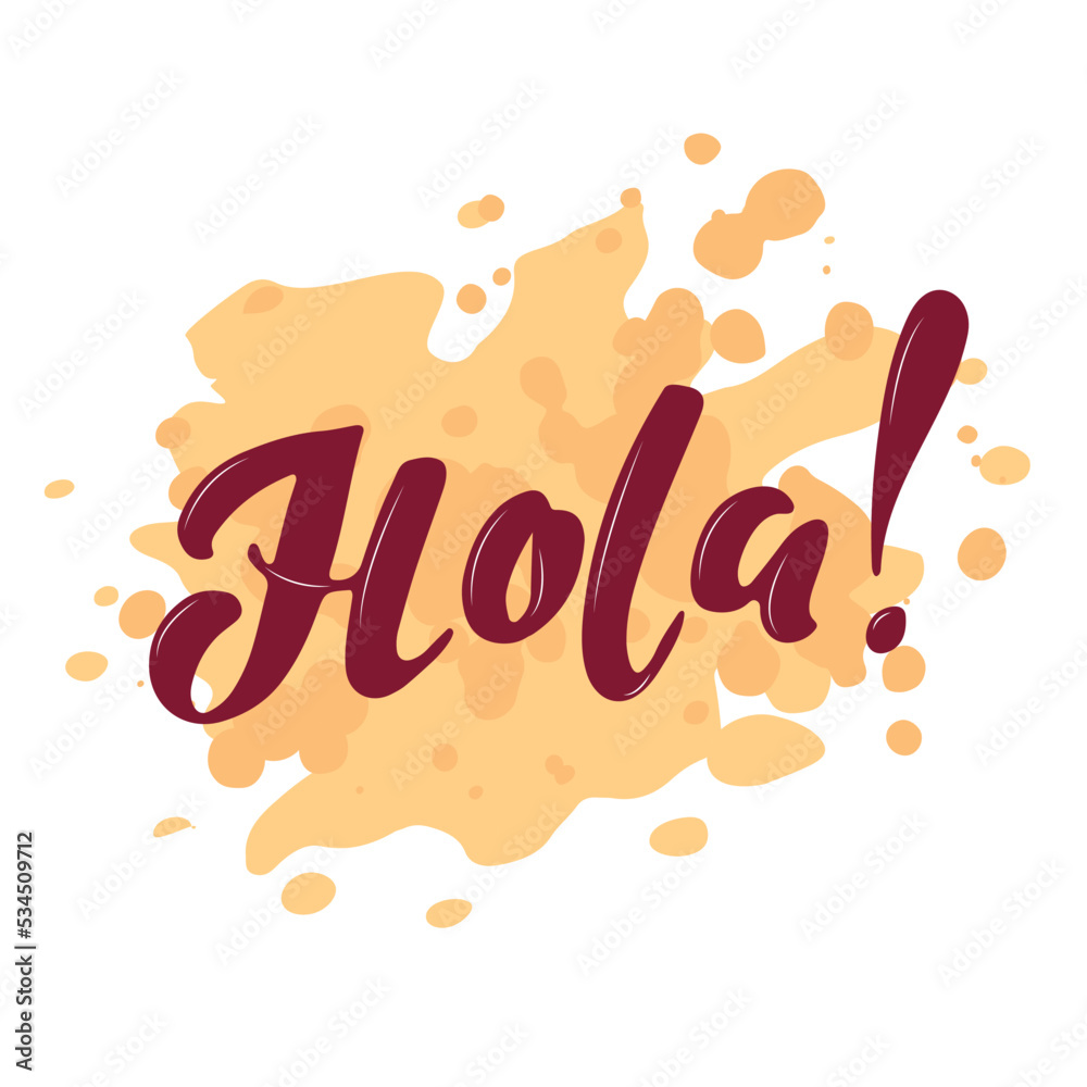 Hola! Doodle hand lettering. Red volume letters on watercolor ...