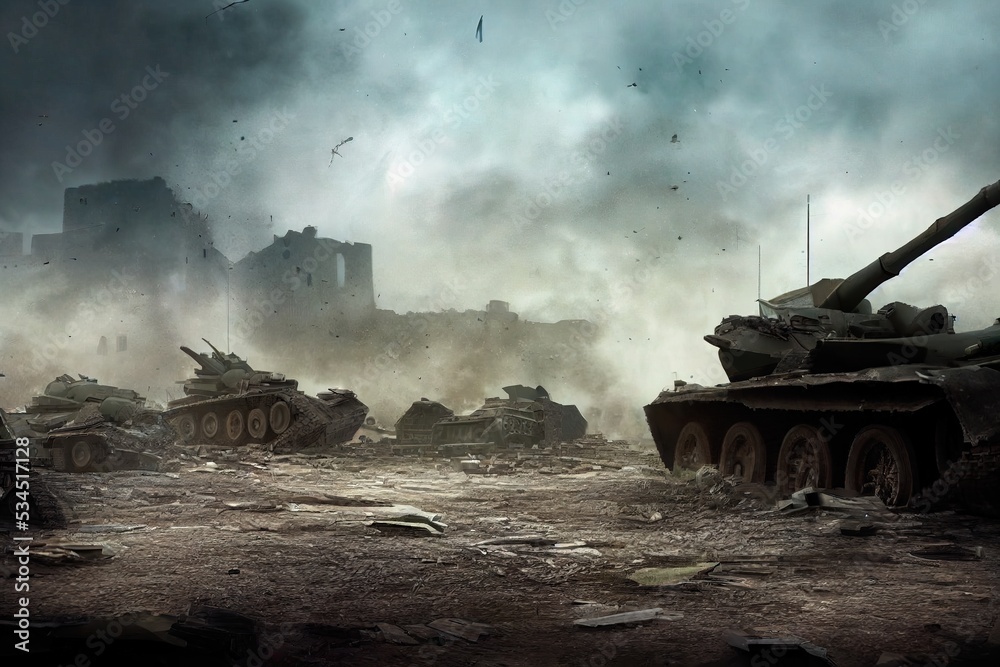 Battlefield with broken tanks from World War II. Destroyed equipment ...