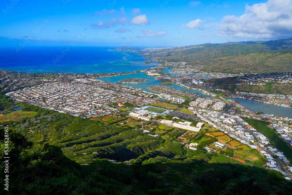 Aerial view of the residential neighborhood of Hawaii Kai in the east ...