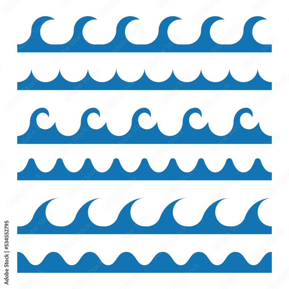 Olas de mar. Ondas de mar de diferentes estilos. Ilustración vectorial ...