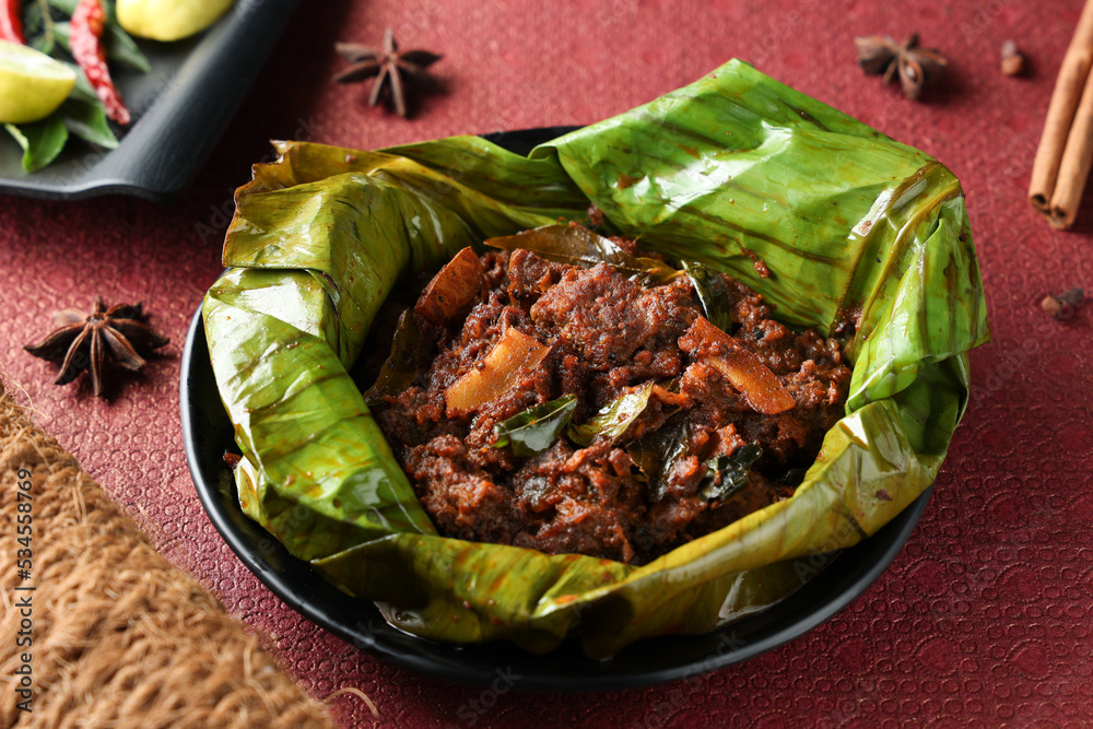 Spicy red beef fry curry and brown rice South Indian dish Kerala, India ...