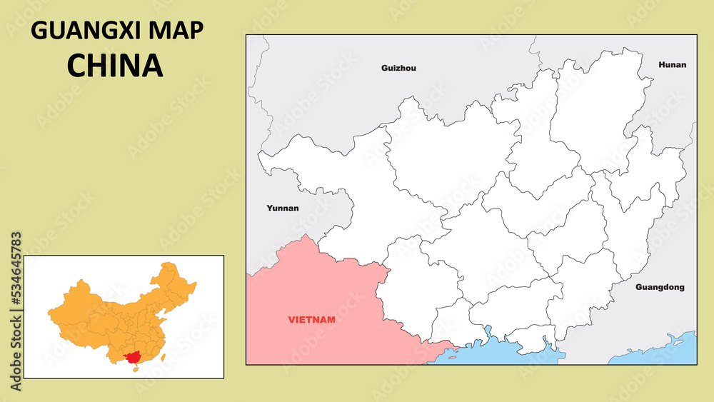 Guangxi Map of China. State and district map of Guangxi. Political map ...