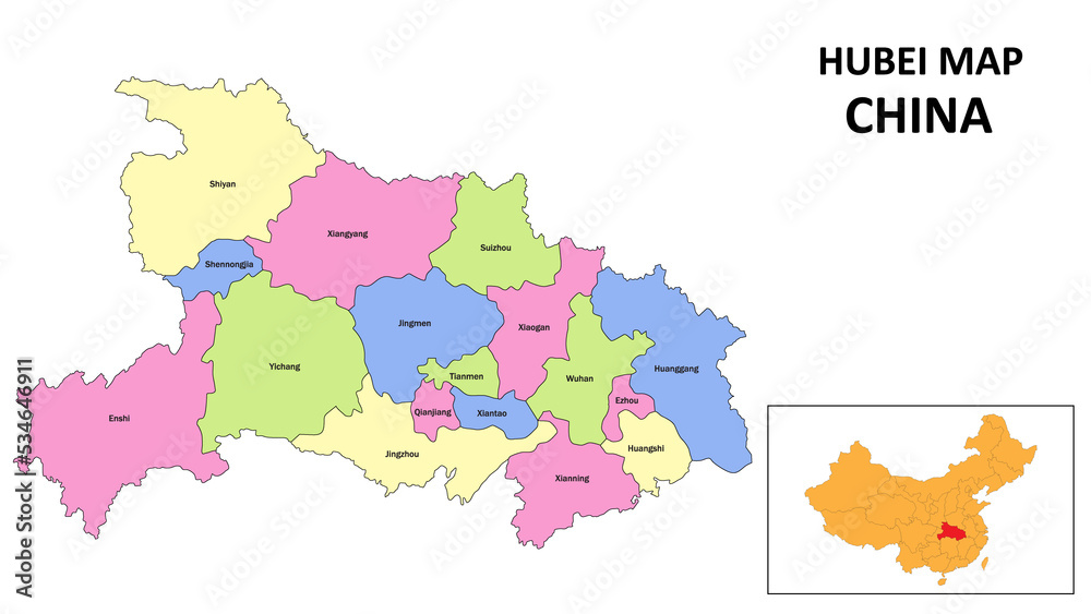 Hubei Map of China. State and district map of Hubei. Detailed colorful ...