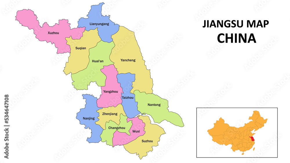 Ilustração Jiangsu Map of China. State and district map of Jiangsu ...