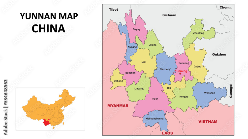 Yunnan Map of China. State and district map of Yunnan. Political map of ...