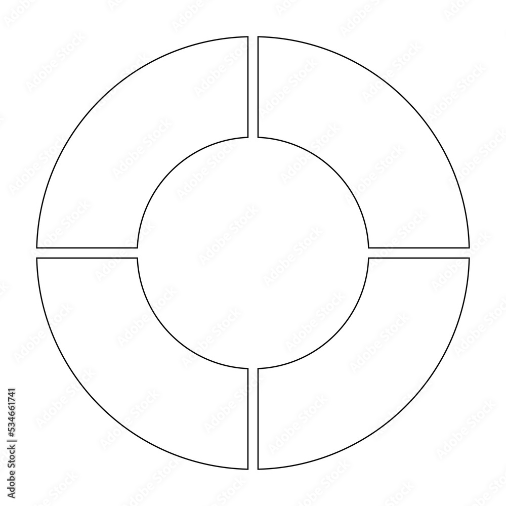 Pie chart, diagram. Black outlined circle divided in four parts, into ...