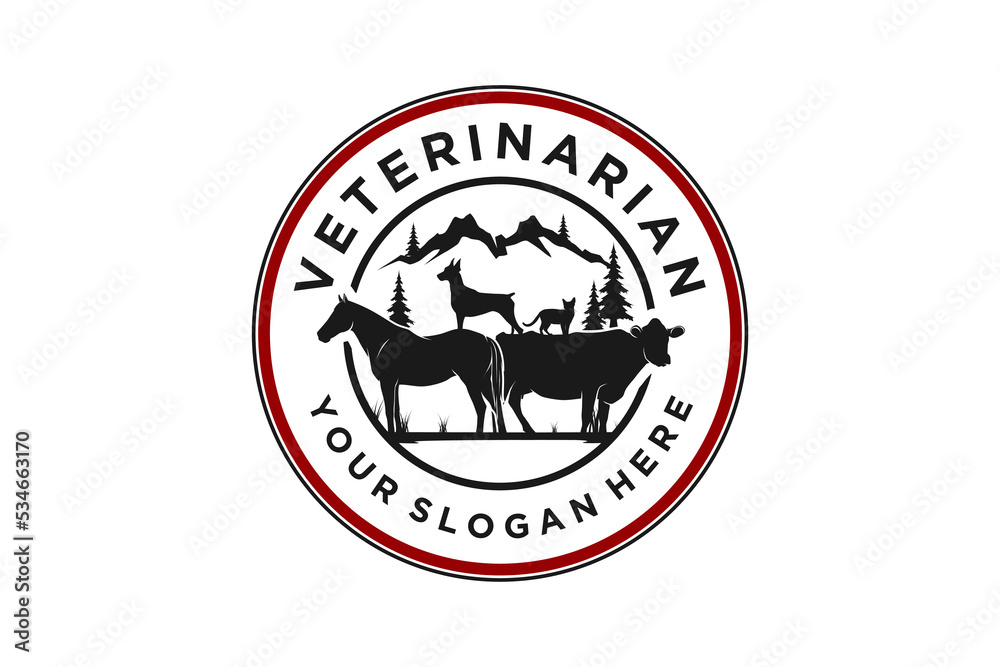 Veterinarian logo design with silhouette animal horse cow dog cat ...