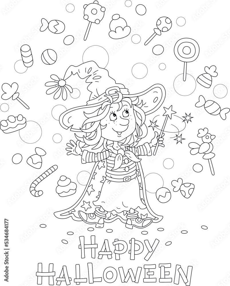 Happy little Halloween witch illusionist waving her magic wand and ...