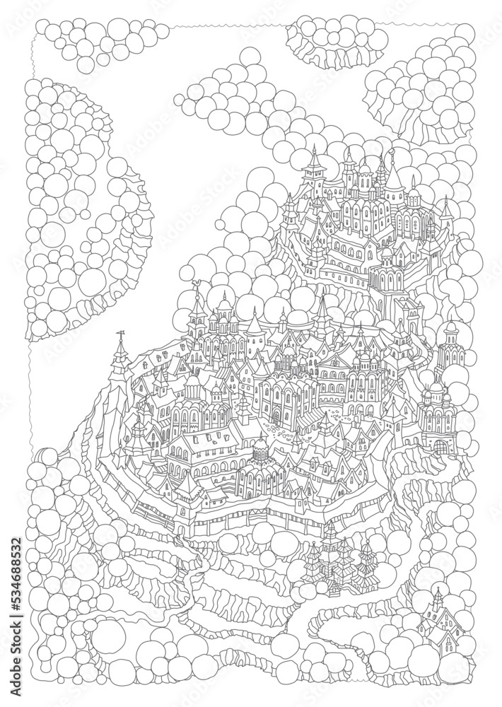 Vector fairy tale island with fantasy medieval ancient Russ castle and ...