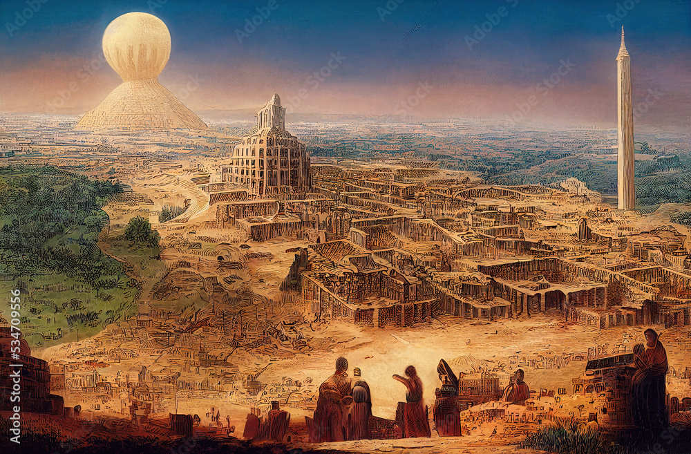 Ancient city of Babylon with the tower of Babel, bible and religion ...