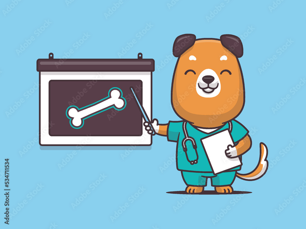 Dog doctor mascot character showing the x-ray with a bone vector ...