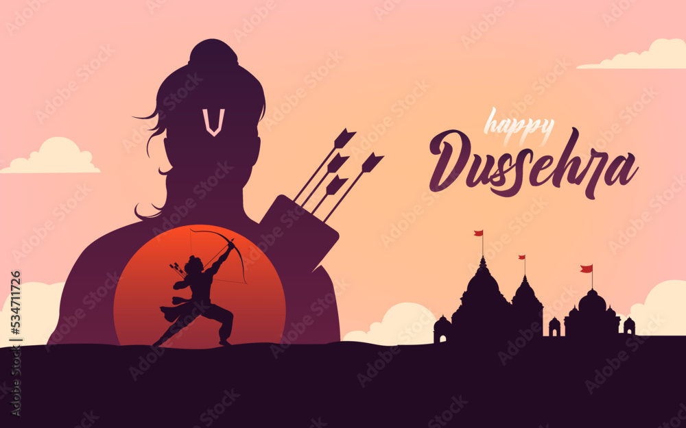 Happy Dussehra text with an illustration of Lord Rama and temple ...