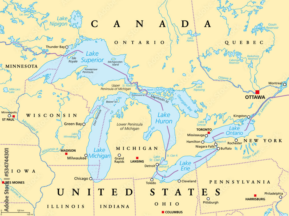 Great Lakes of North America political map. Lakes Superior, Michigan ...