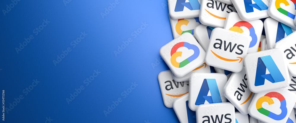 Logos of the three largest cloud computing providers Amazon AWS, Microsoft Azure and Google ...
