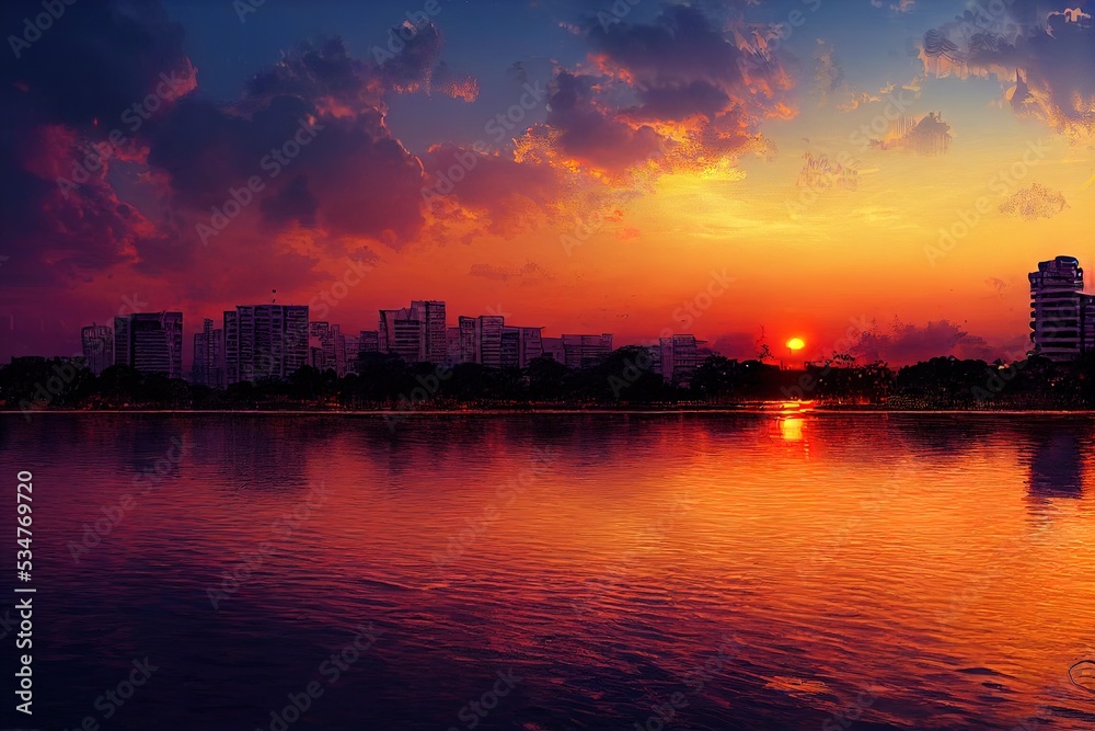 Cartoon drawing Colombo city skyline and Beira lake chanel at sunset ...