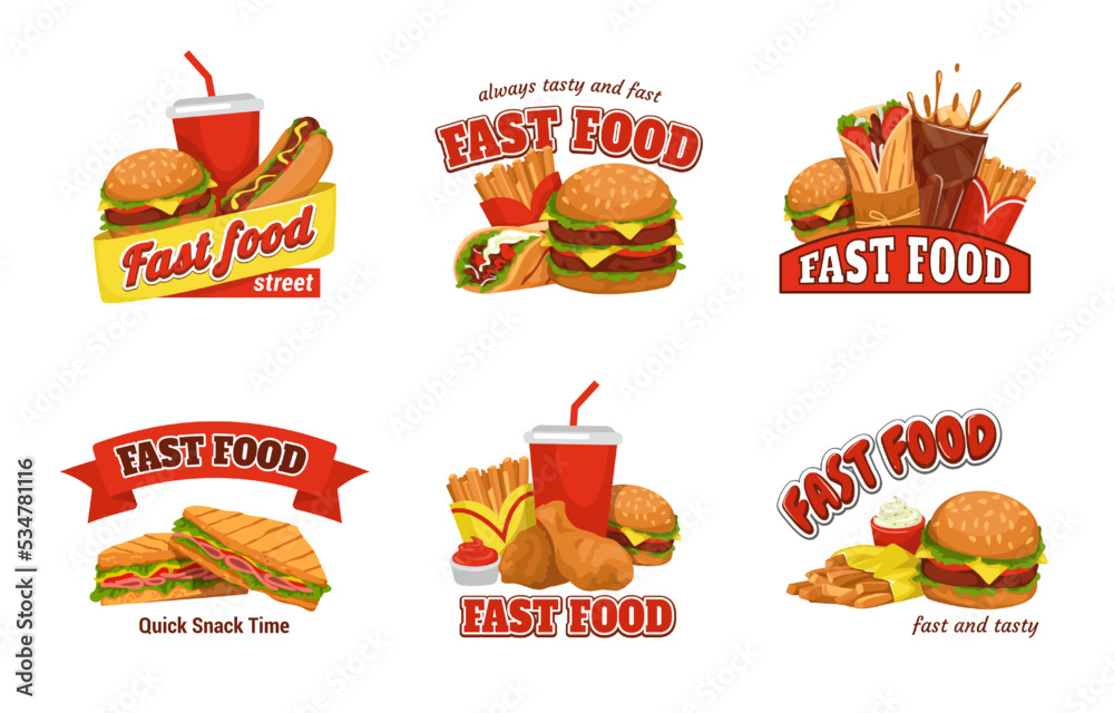 Fast food logo. Pizza and burger cafe emblems. Snack labels. Fries ...