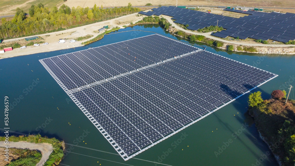 Solar panel mounting structure installation. This system is floated on ...