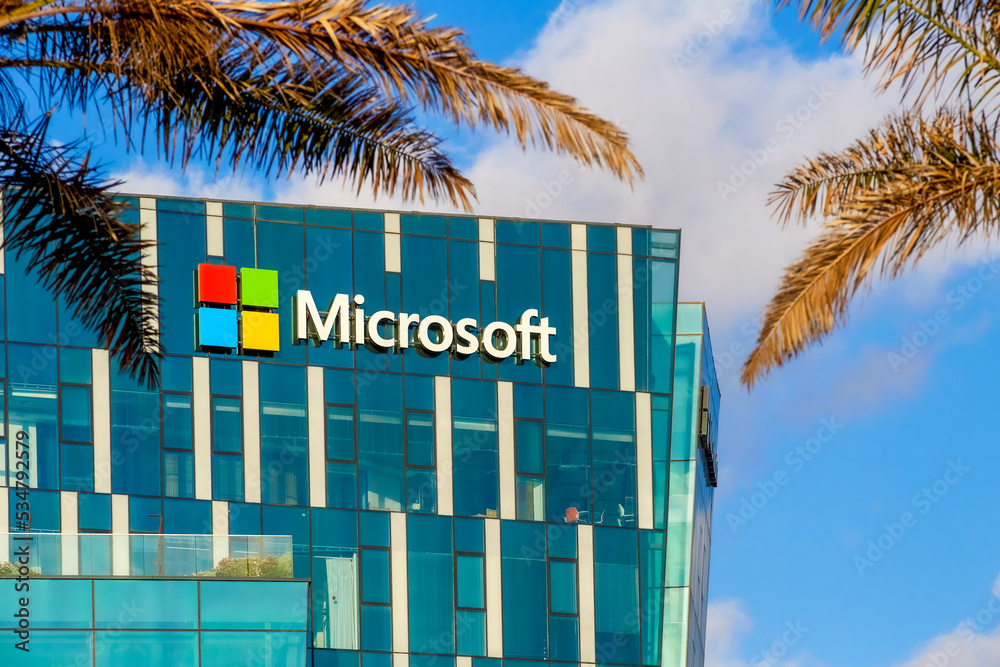 Fotografie Haifa,Israel - July 22,2022: Microsoft logo on facade of ...