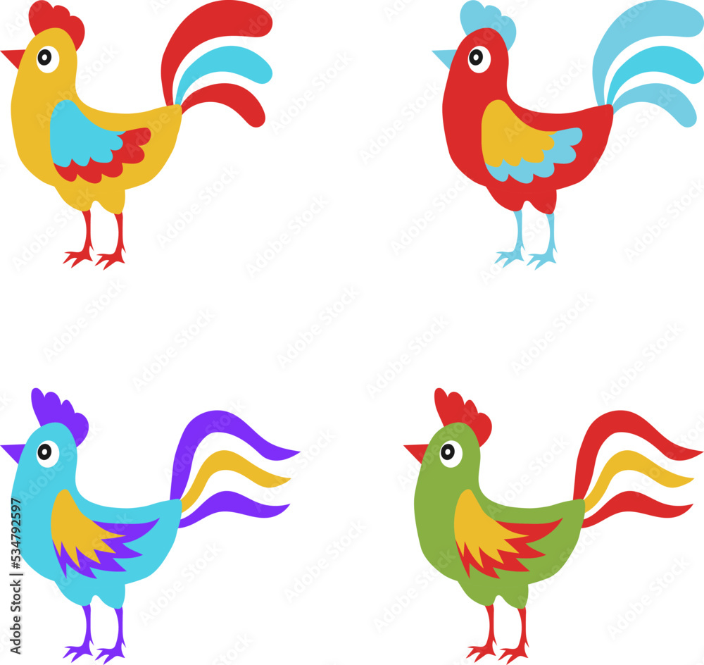 Rooster, a set of multi-colored, cartoon roosters isolated on a white ...