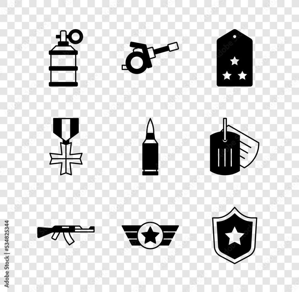 Set Hand smoke grenade, Howitzer, Military rank, Submachine gun, Star ...