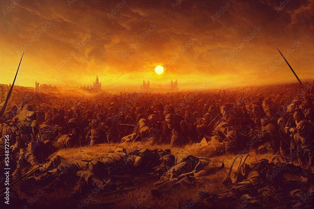 A battlefield with wounded, defeated knights, those who survived are ...