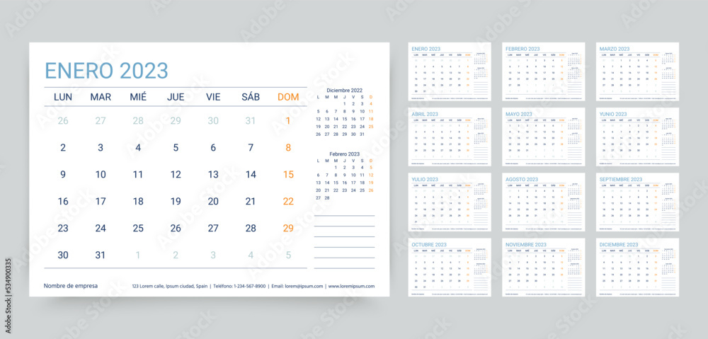 2023 Spanish calendar. Planner template. Calender layout with 12 month ...