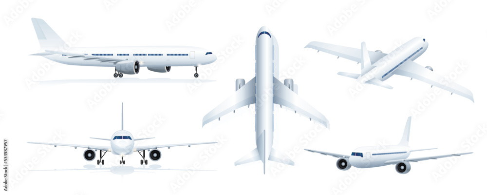 Airplane different views set isolated on white background. Front, side ...