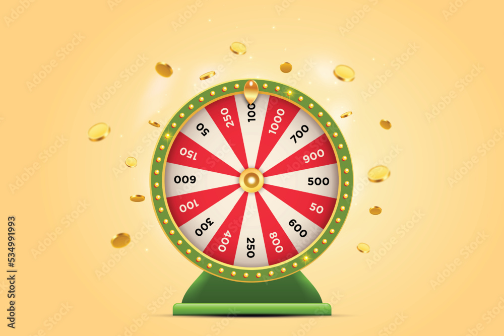 Vector illustration of green spinning fortune wheel with golden flying ...